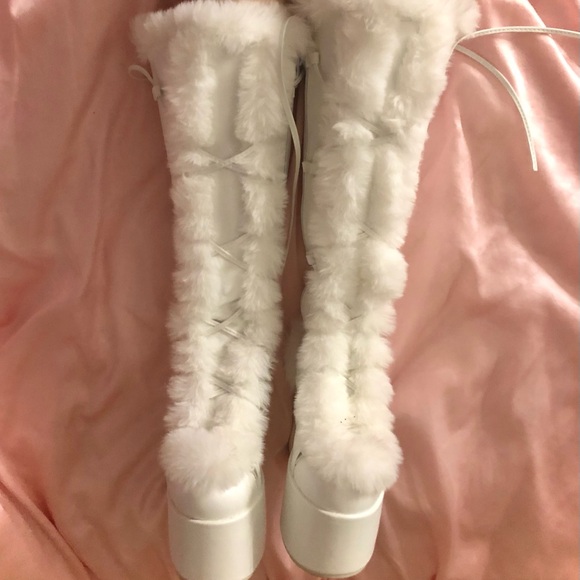 Shoes | Demoniastyle Boot White Fuzzy Platform Boots Size 8 Worn Once ...